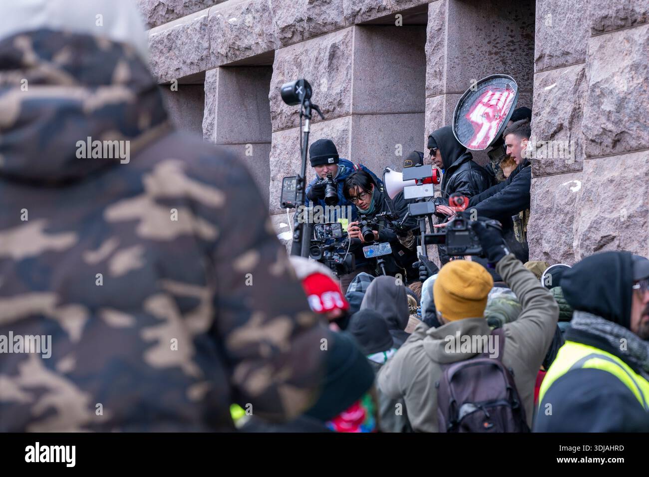 Minneapolis, Minnesota. January 17, 2026. Newsmen and anti-ice ...