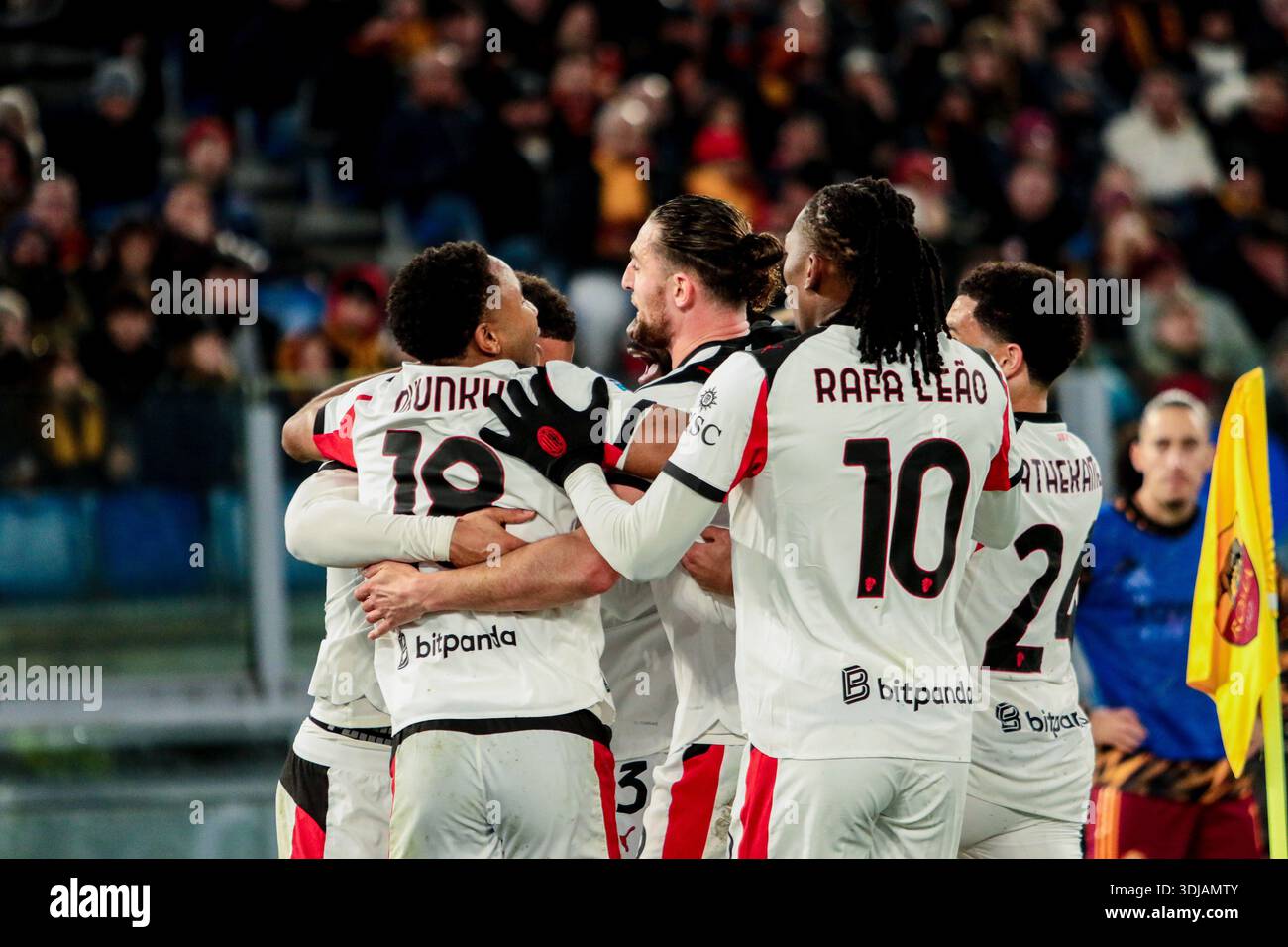 Koni De Winter of AC Milan and Adrien Rabiot of AC Milan during AS Roma ...