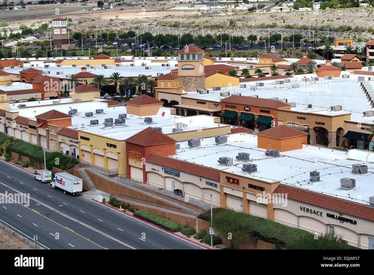 An aerial view of the Cabazon Outlets shopping center, Oct 21, 2025, in ...