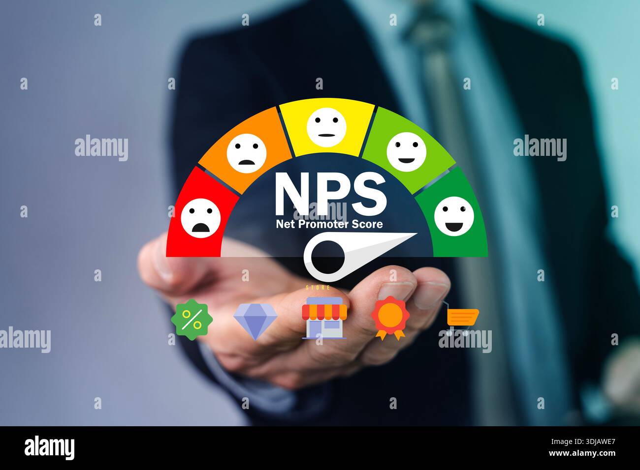 Businessman holding virtual NPS gauge with emoticons, measuring ...