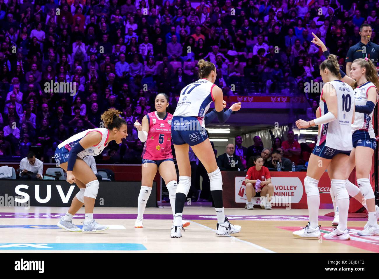 Scandicci players seen celebrating during the Coppa Italia A1 ...