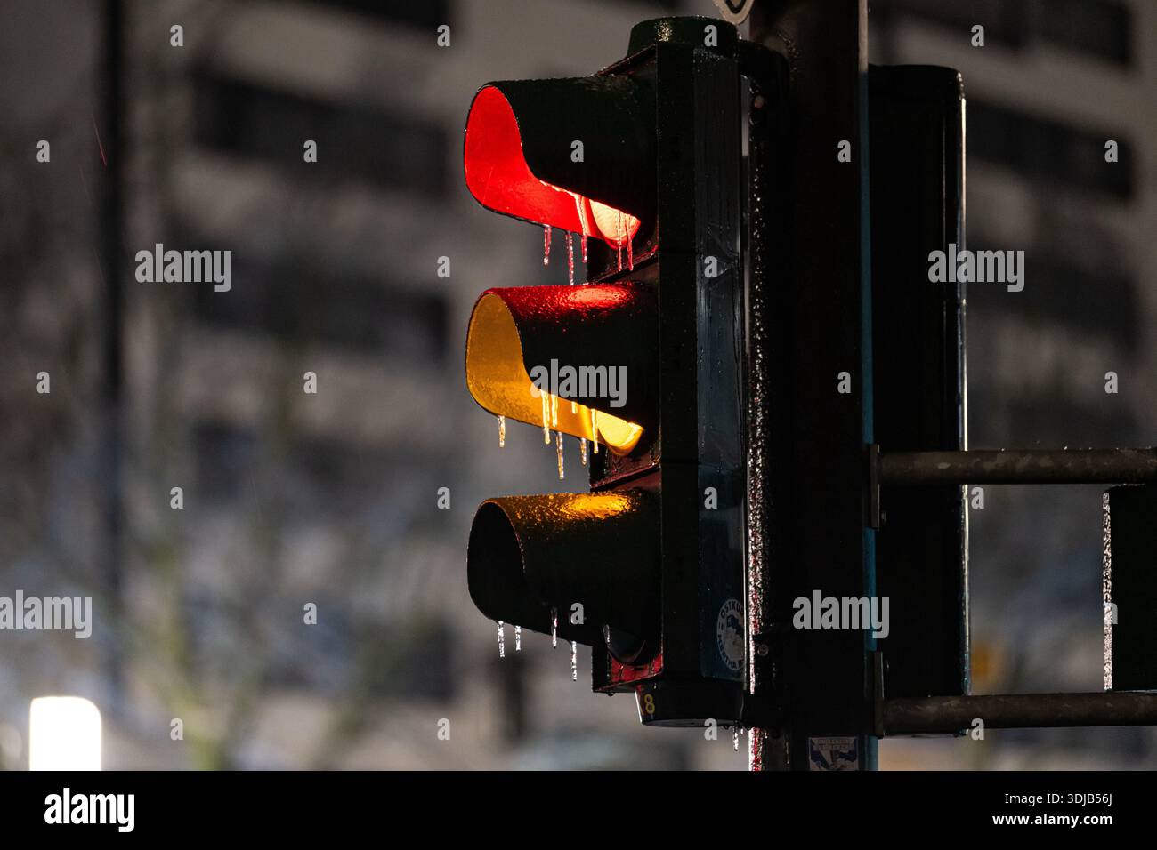 26 January 2026, Berlin: A thin layer of ice lies over a traffic light ...