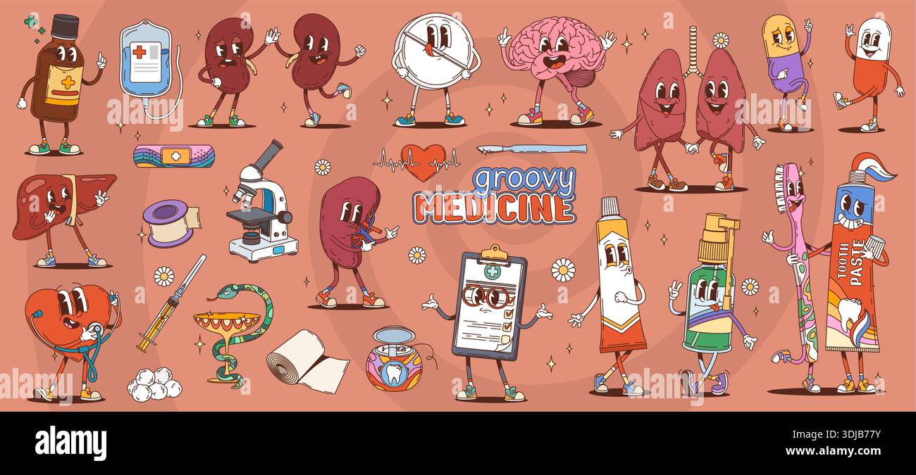 Cartoon groovy medicine and human organ characters and medical tools ...