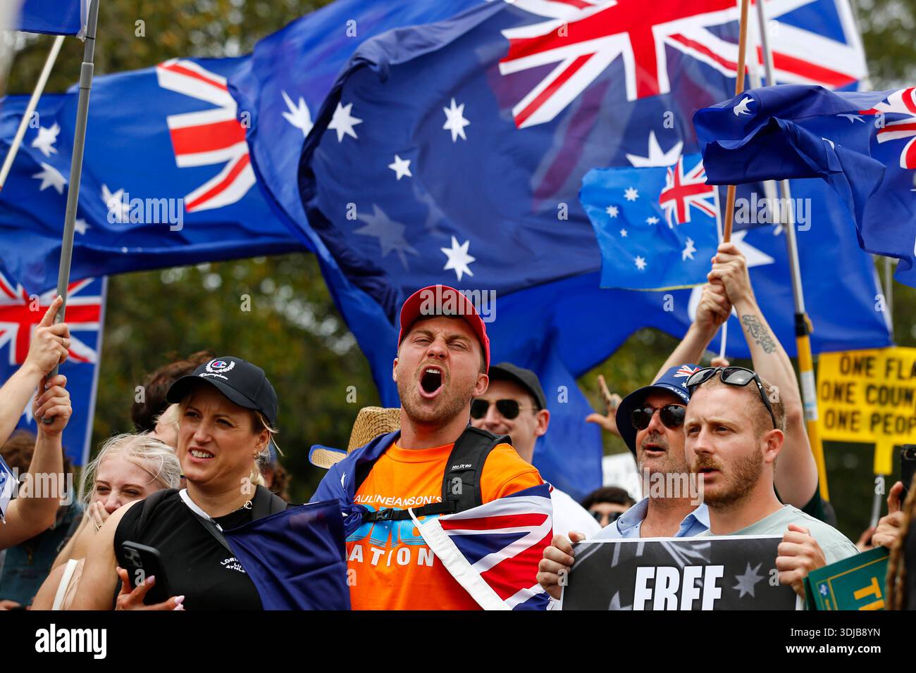 Sydney, Australia. 26th Jan, 2026. A far-right activist shouts slogans ...
