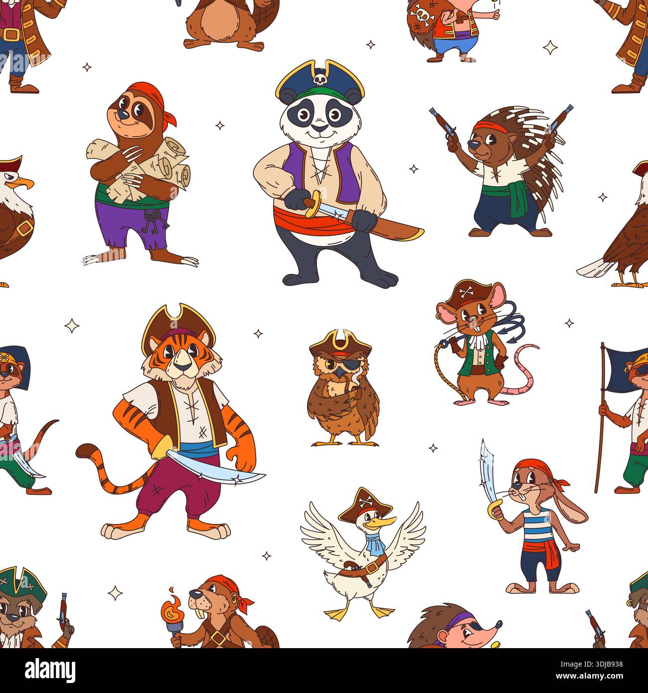 Cartoon funny animal pirate crew characters seamless pattern with ...