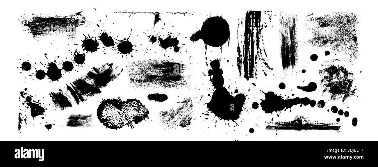 Grunge splatter doodle set with black paint ink splash and brush spray ...