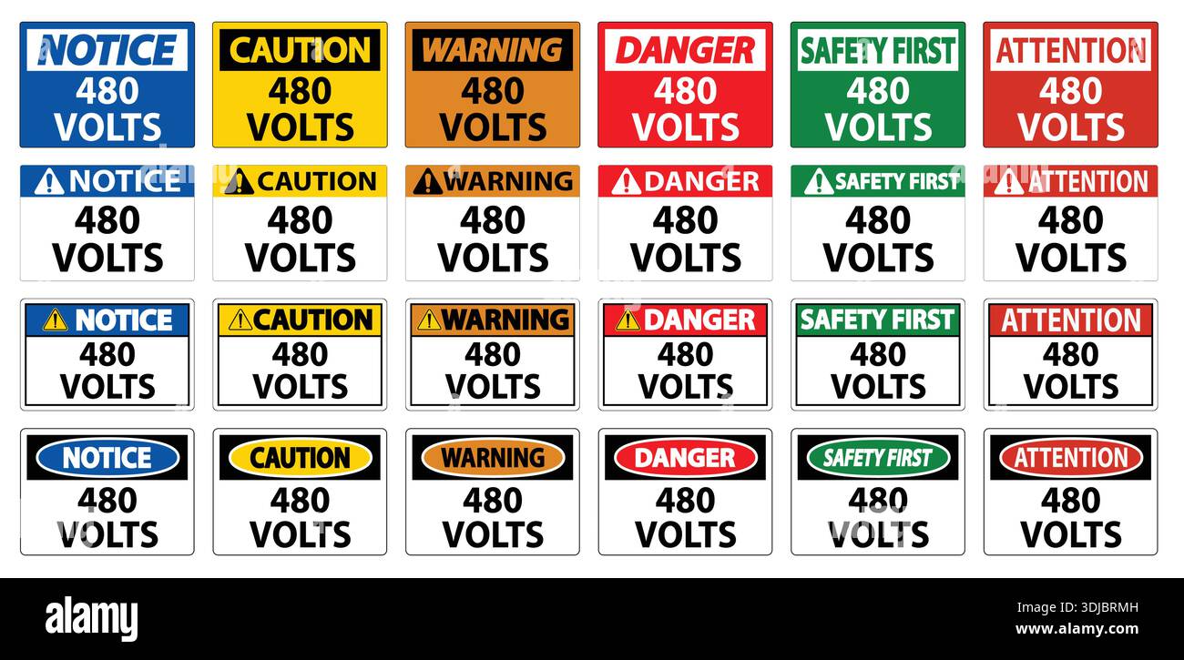 A collection of safety signs indicating 480 volts electrical hazards ...