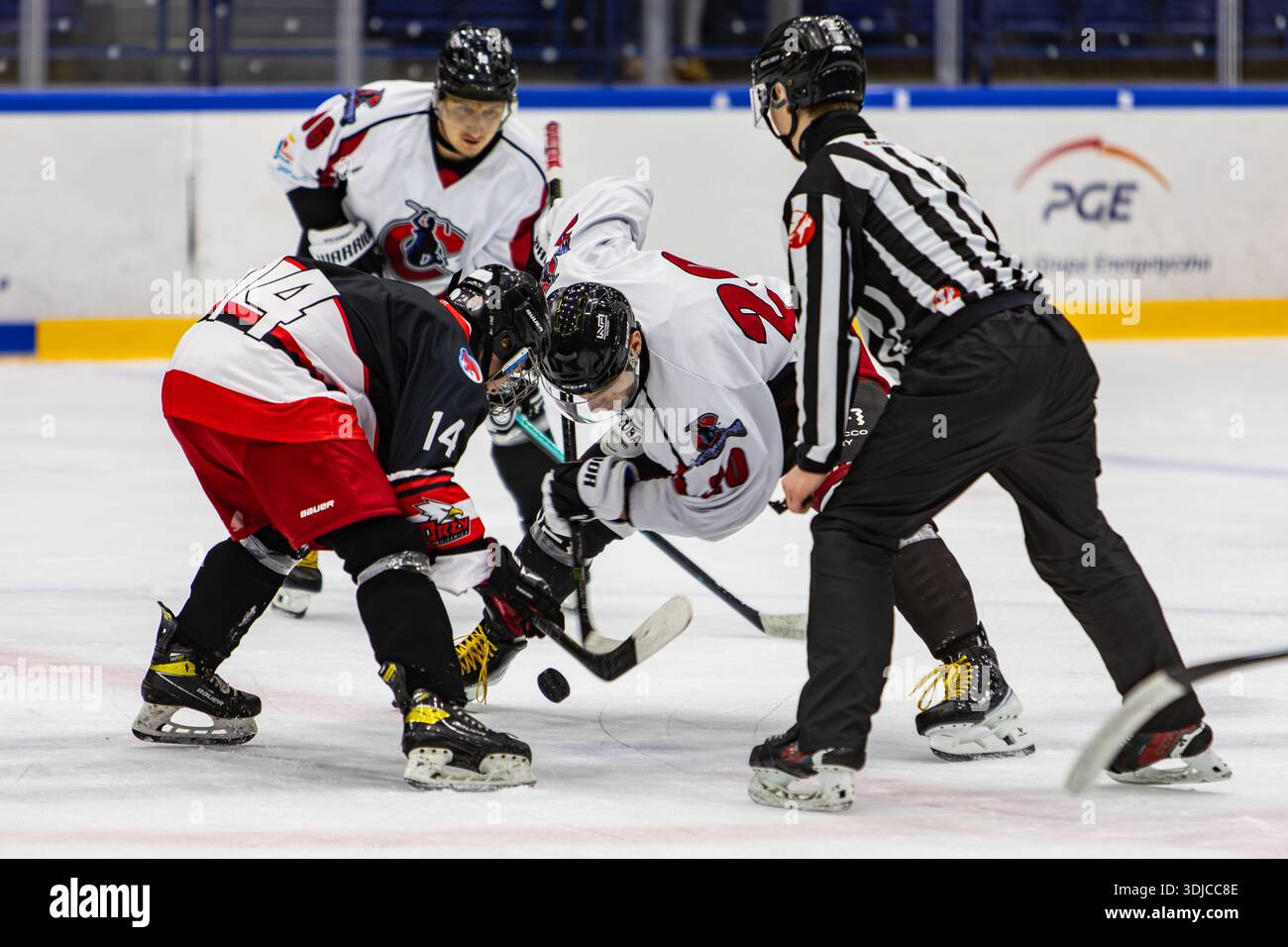 Warsaw, Poland, 25th Jan 2026. Face-off between the Gamma Poznan player ...