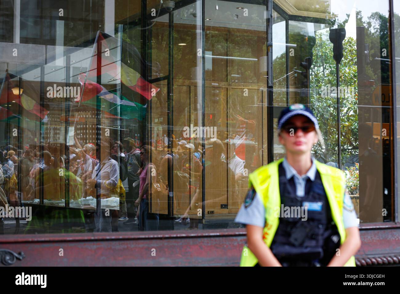 Protesters are reflected through a glass door holding flags and ...