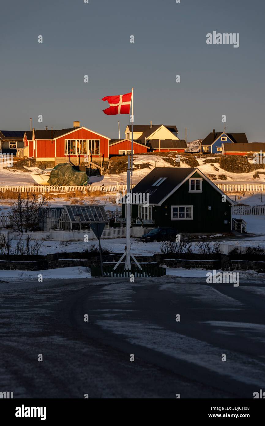 Nuuk, Greenland 20260125. The Dannebrog Danish flag flies in Nuuk ...
