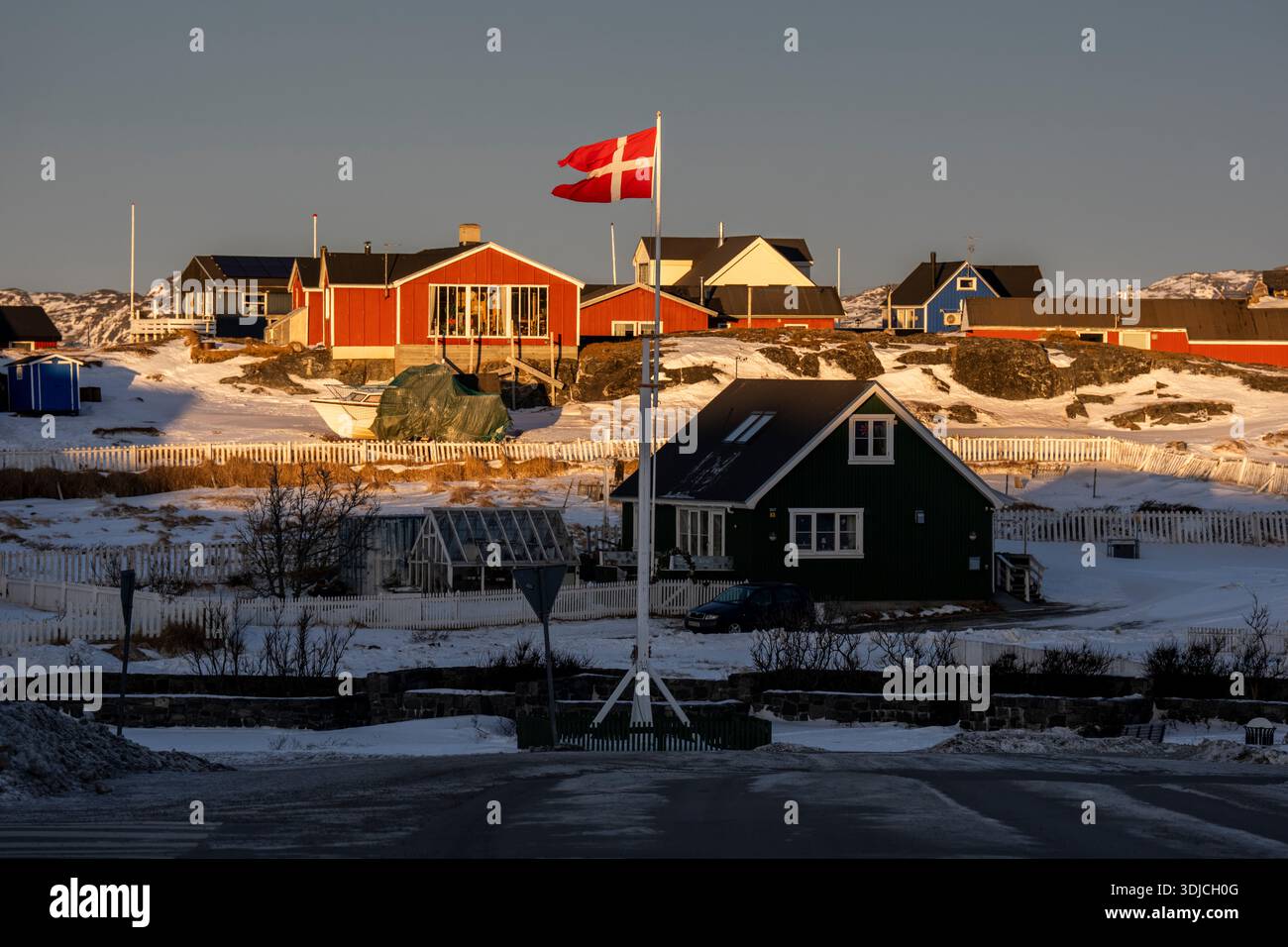 Nuuk, Greenland 20260125. The Dannebrog Danish flag flies in Nuuk ...