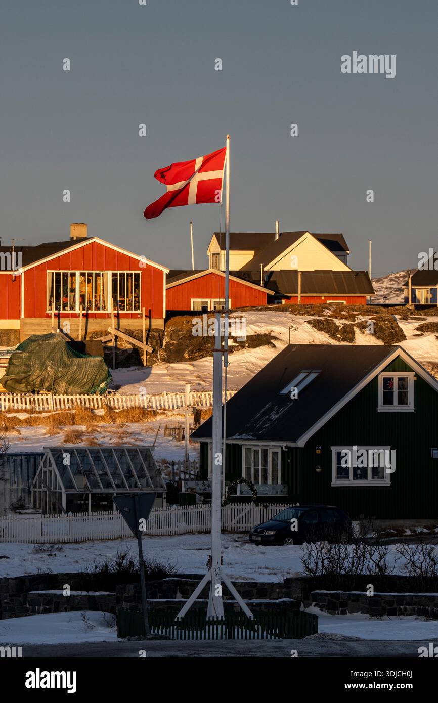 Nuuk, Greenland 20260125. The Dannebrog Danish flag flies in Nuuk ...