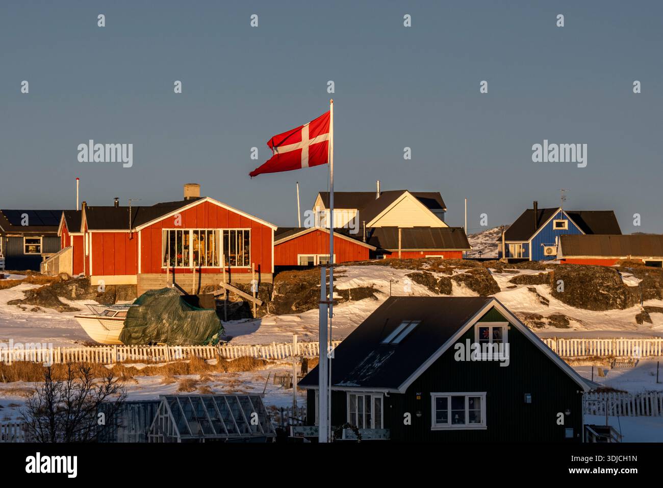 Nuuk, Greenland 20260125. The Dannebrog Danish flag flies in Nuuk ...