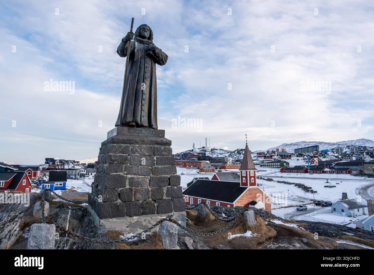 Nuuk, Greenland 20260125. Nuuk Cathedral and the statue of Hans Egede ...