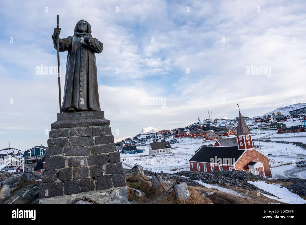 Nuuk, Greenland 20260125. Nuuk Cathedral and the statue of Hans Egede ...