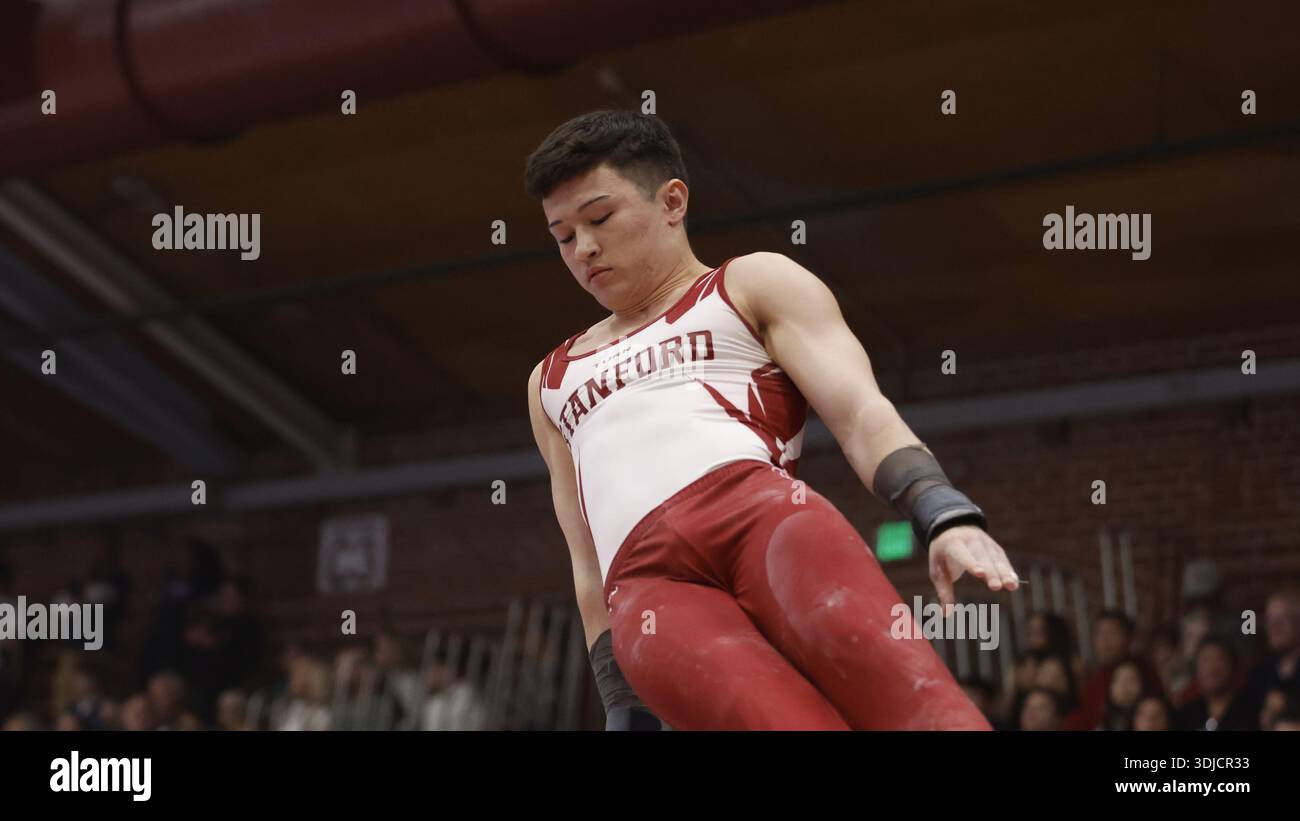 Stanford gymnast Cooper Kim competes on the pommel horse during an NCAA ...