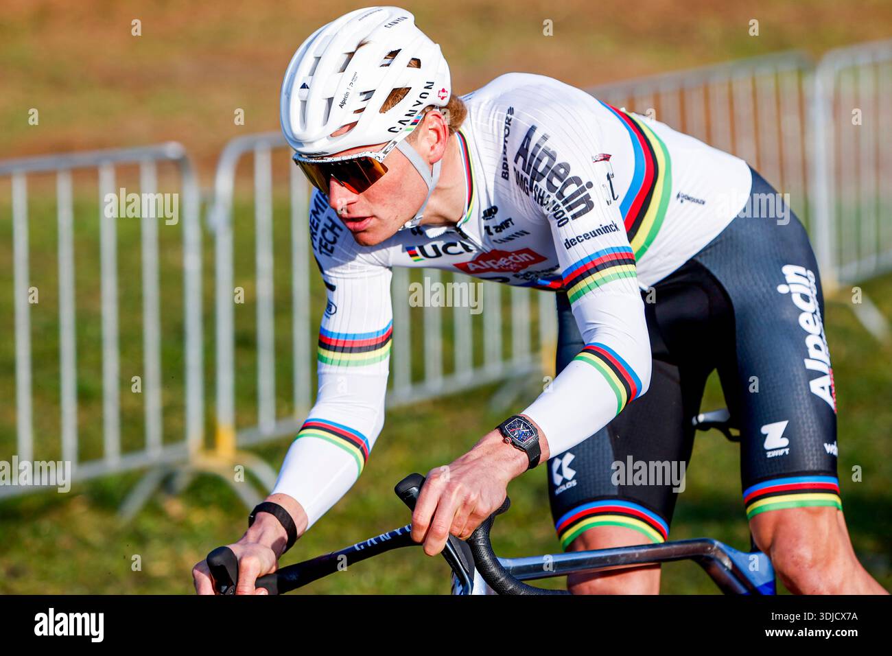 Mathieu van der Poel of Netherlands and Alpecin-Premier Tech competing ...
