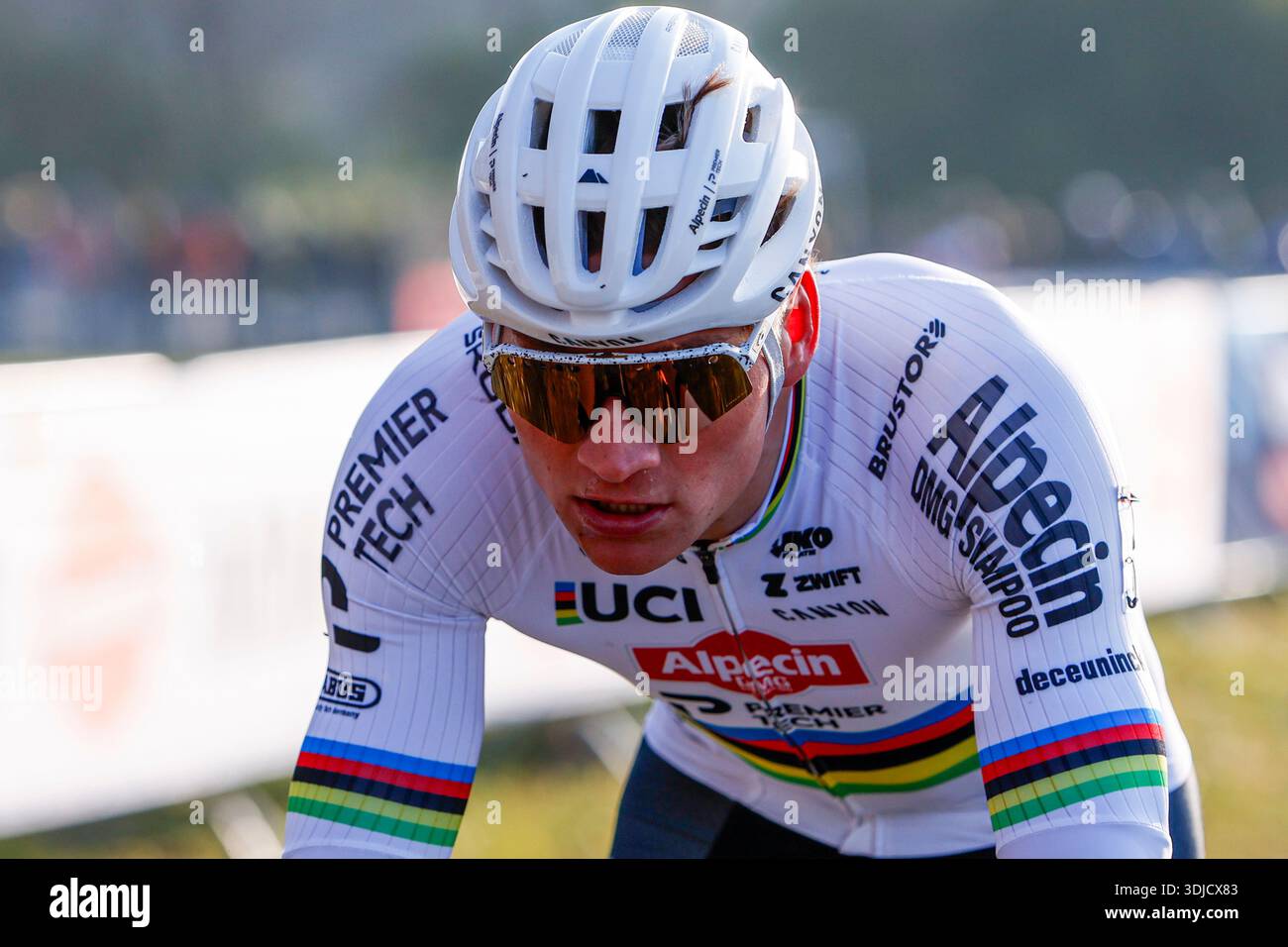 Mathieu van der Poel of Netherlands and Alpecin-Premier Tech competing ...