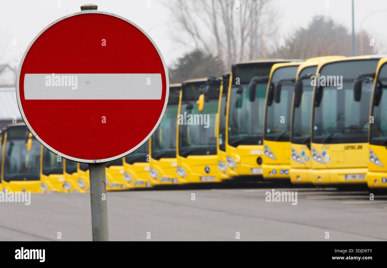 Busses are parked at a depot of Walloon public transport company Letec ...