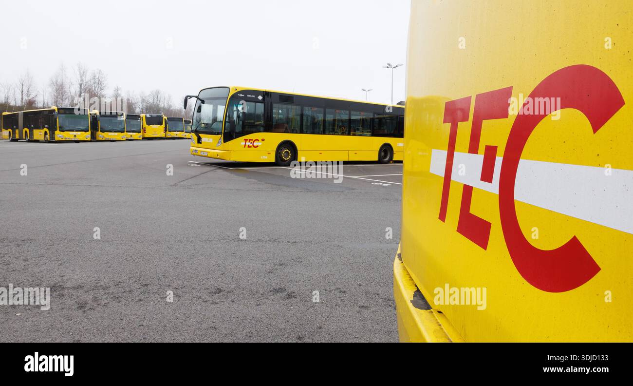 Busses are parked at a depot of Walloon public transport company Letec ...