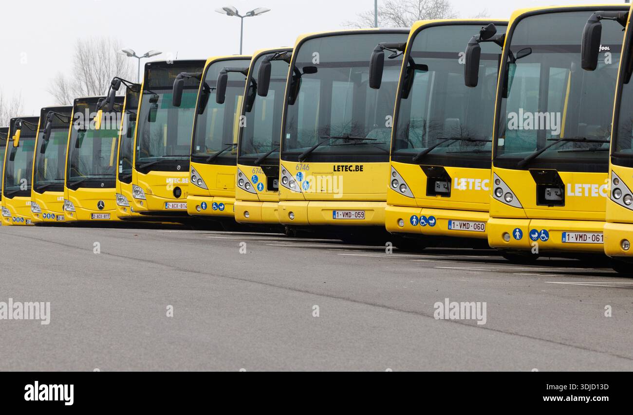 Busses are parked at a depot of Walloon public transport company Letec ...