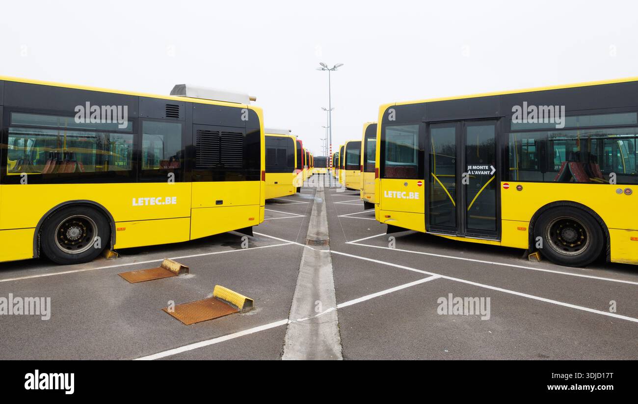 Busses are parked at a depot of Walloon public transport company Letec ...