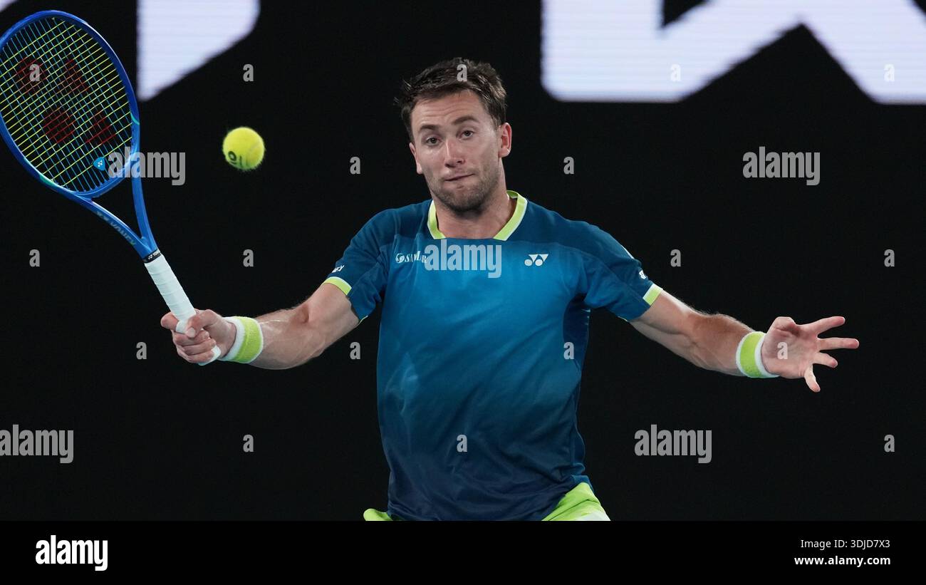 Casper Ruud of Norway plays a forehand return to Ben Shelton of the U.S ...