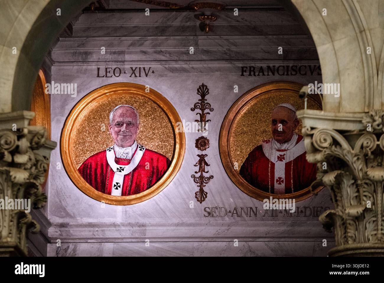 The mosaic portraits of the current Pope Leo XIV, and the late Pope ...
