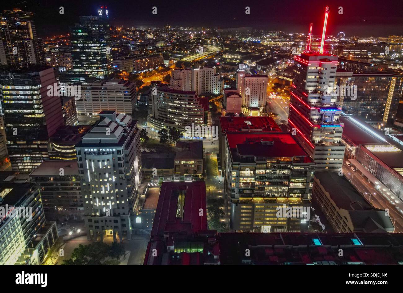 Aerial view of the city's glowing arteries pulse with life, neon signs ...