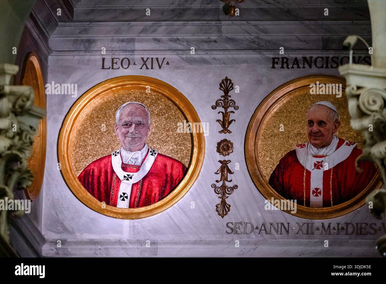 The mosaic portraits of the current Pope Leo XIV, and the late Pope ...