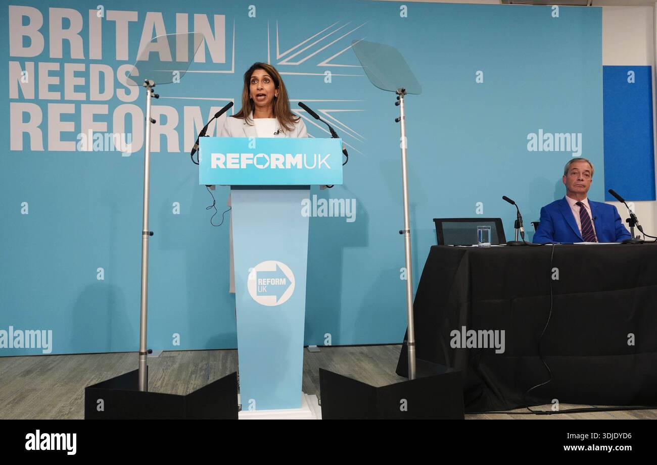 Suella Braverman speaking during a Reform UK press conference at Reform ...