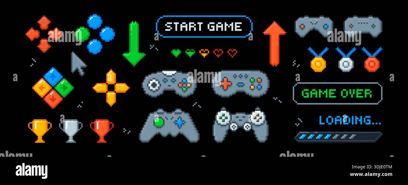 Vector set of pixel art arcade ui buttons, arrows, joystick, progress ...