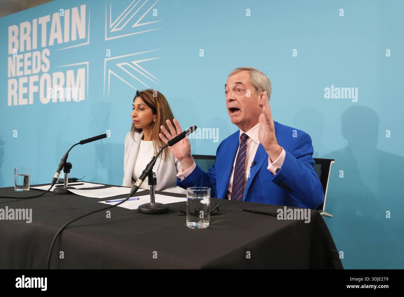 Reform UK Party leader Nigel Farage speaking during a Reform UK press ...