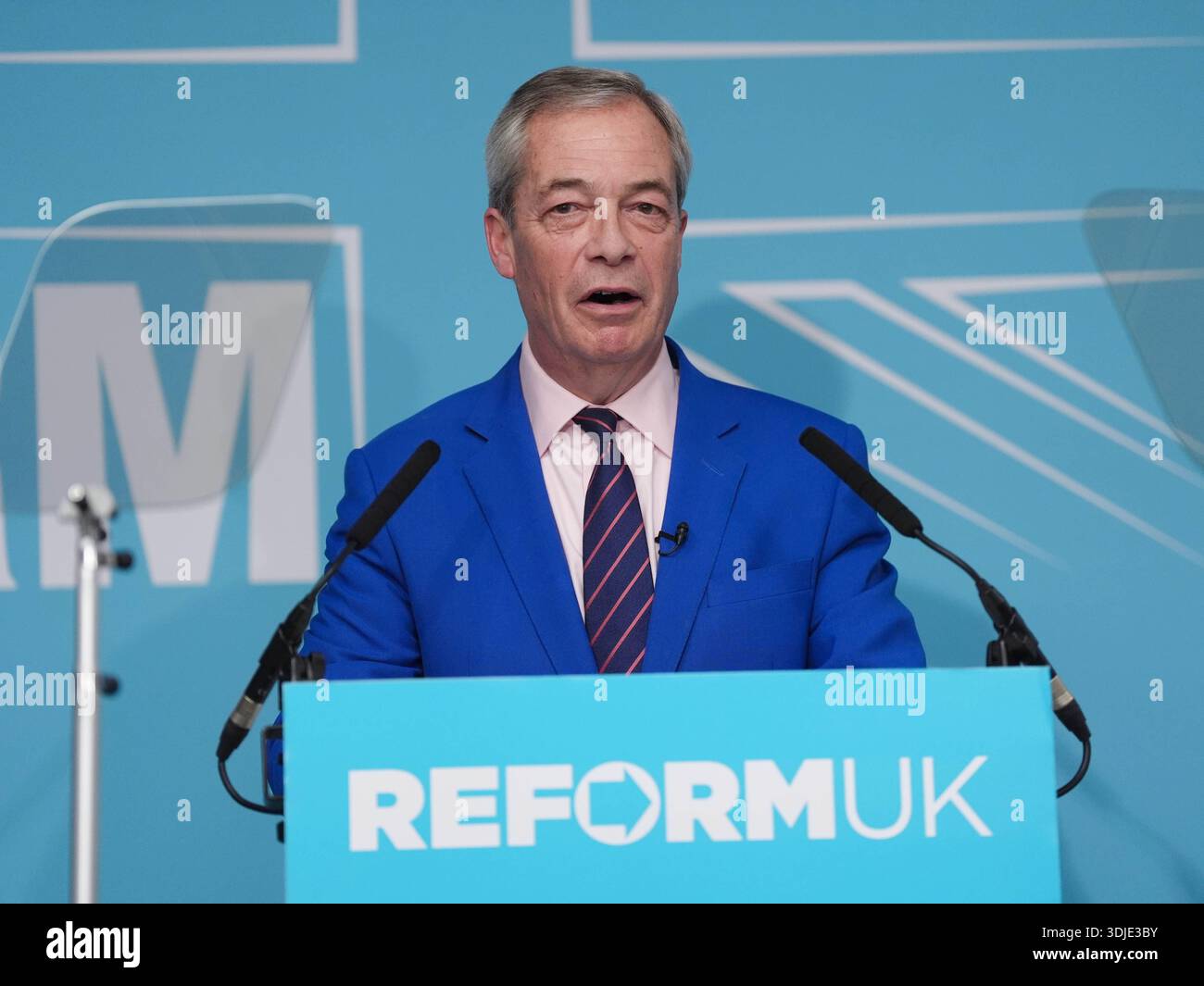 Reform UK Party leader Nigel Farage speaking during a Reform UK press ...