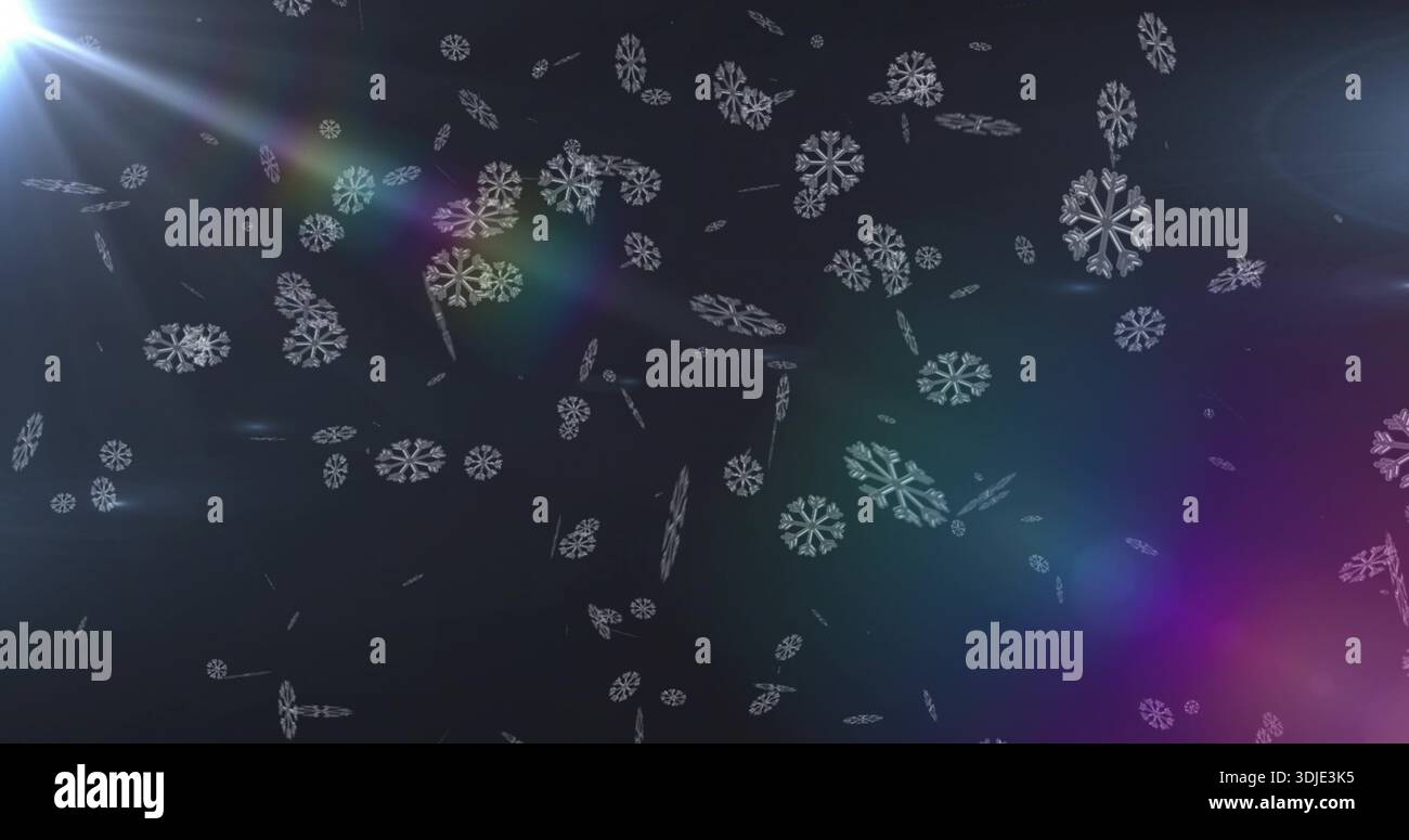 Floating stylized snowflake field drifting in dark void, with starburst ...