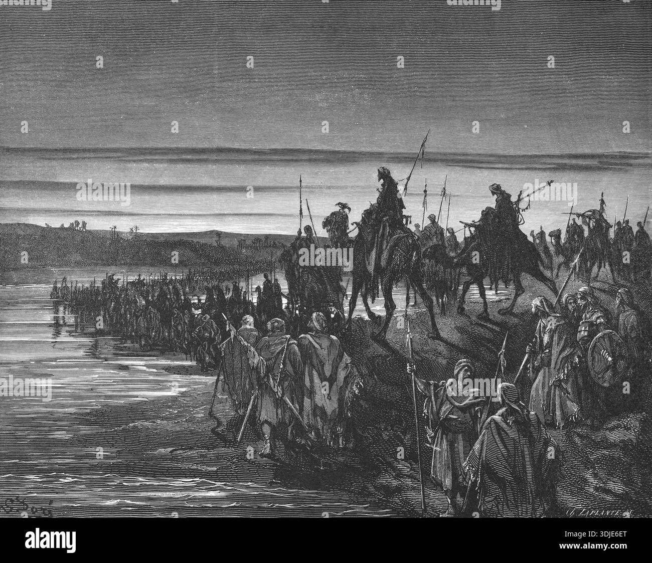 The Israelites walk through the Jordan, crossing the dry riverbed with ...