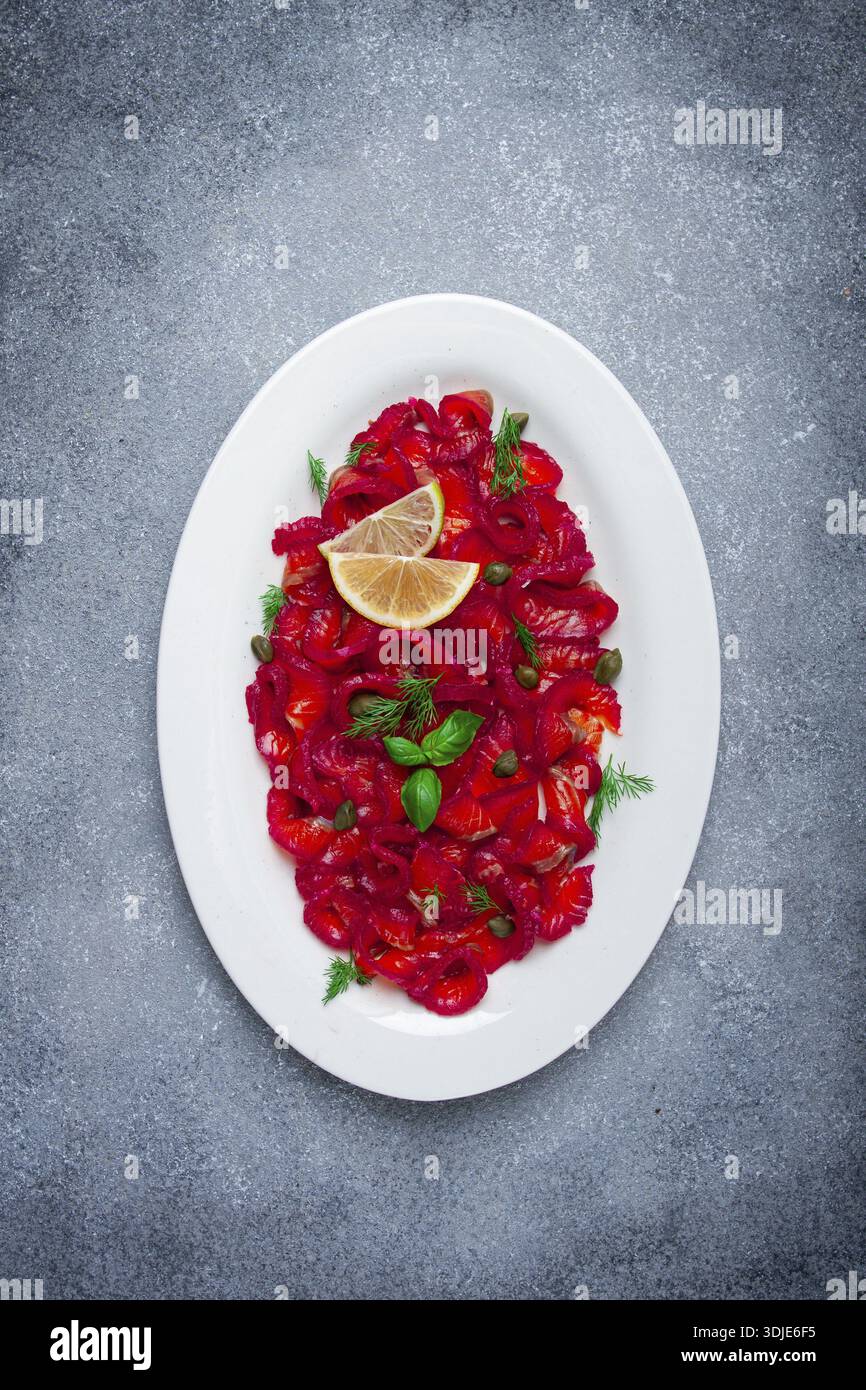 Salmon gravlax with beetroot, Scandinavian snack, beet gravlax, lightly ...