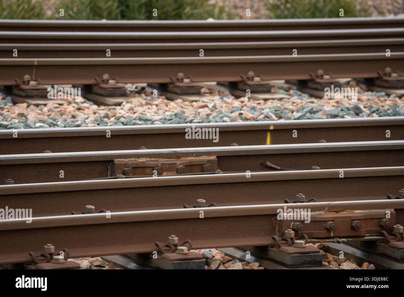 Footage of a train passing through the break in a stock rail on the ...