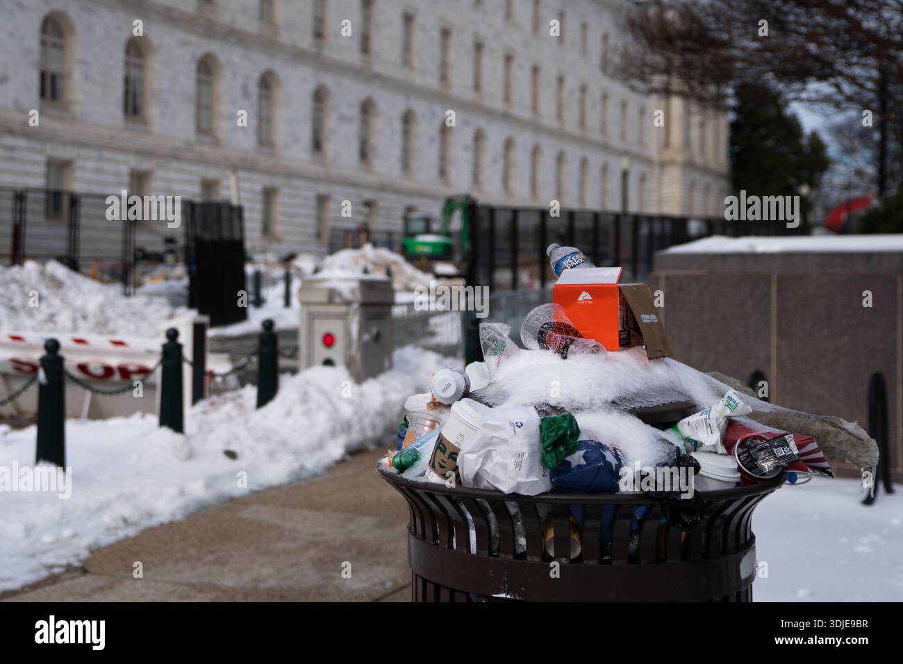 An overfilled trash can, Jan. 26, 2026, in Washington. There is no ...