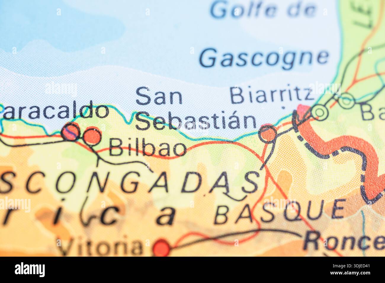 Close up map of Basque country showing Bilbao and San Sebastian Stock ...