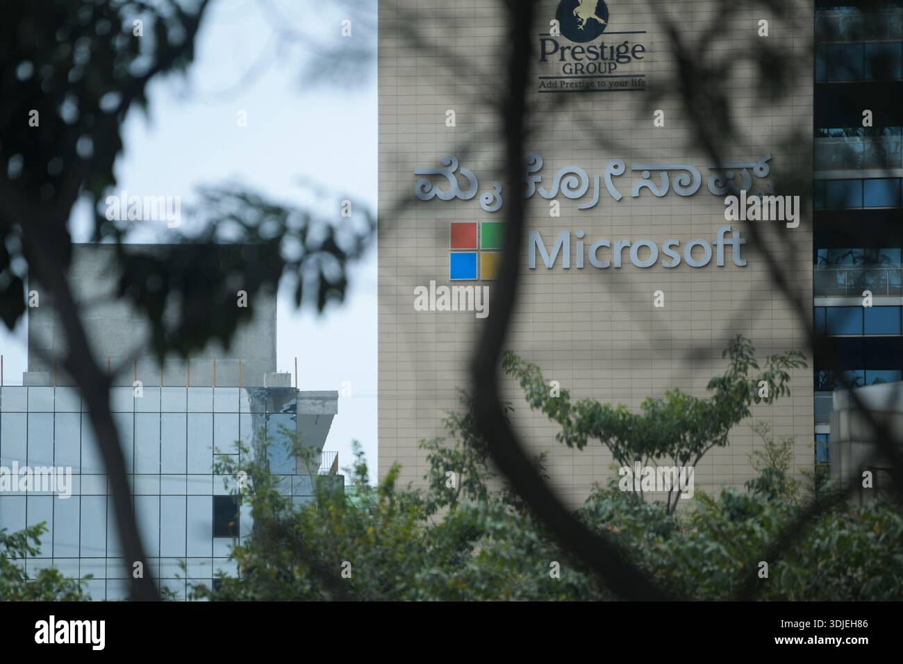 A Microsoft office building displays the company's logo in Bengaluru ...