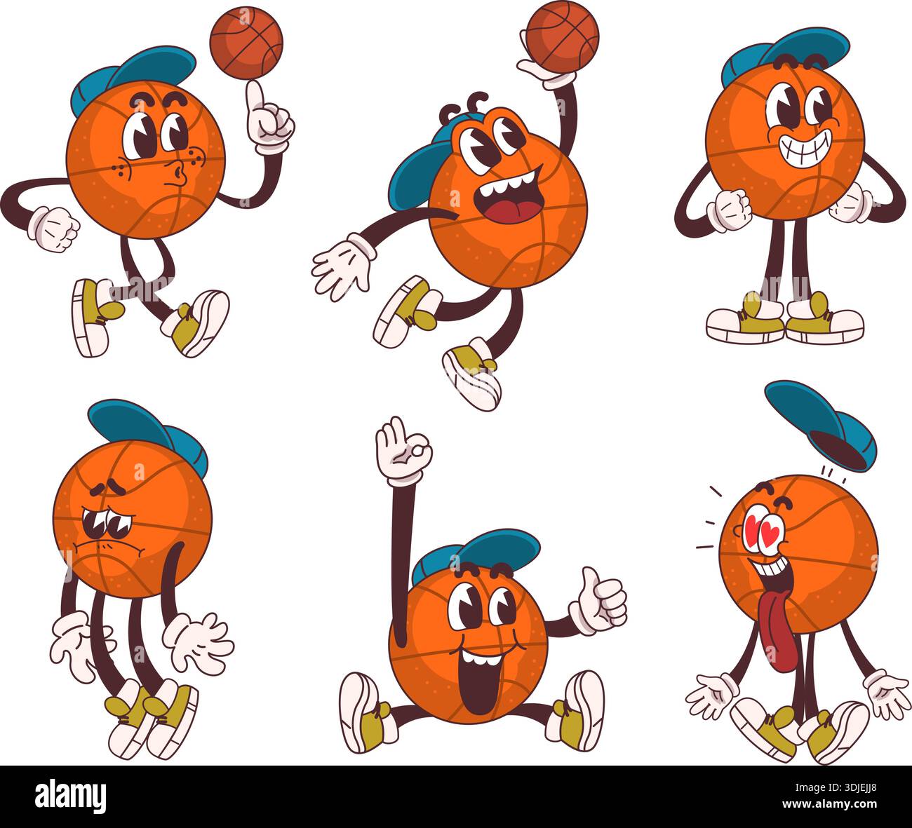 Basketball ball character. Cartoon balls cute characters, retro groovy ...
