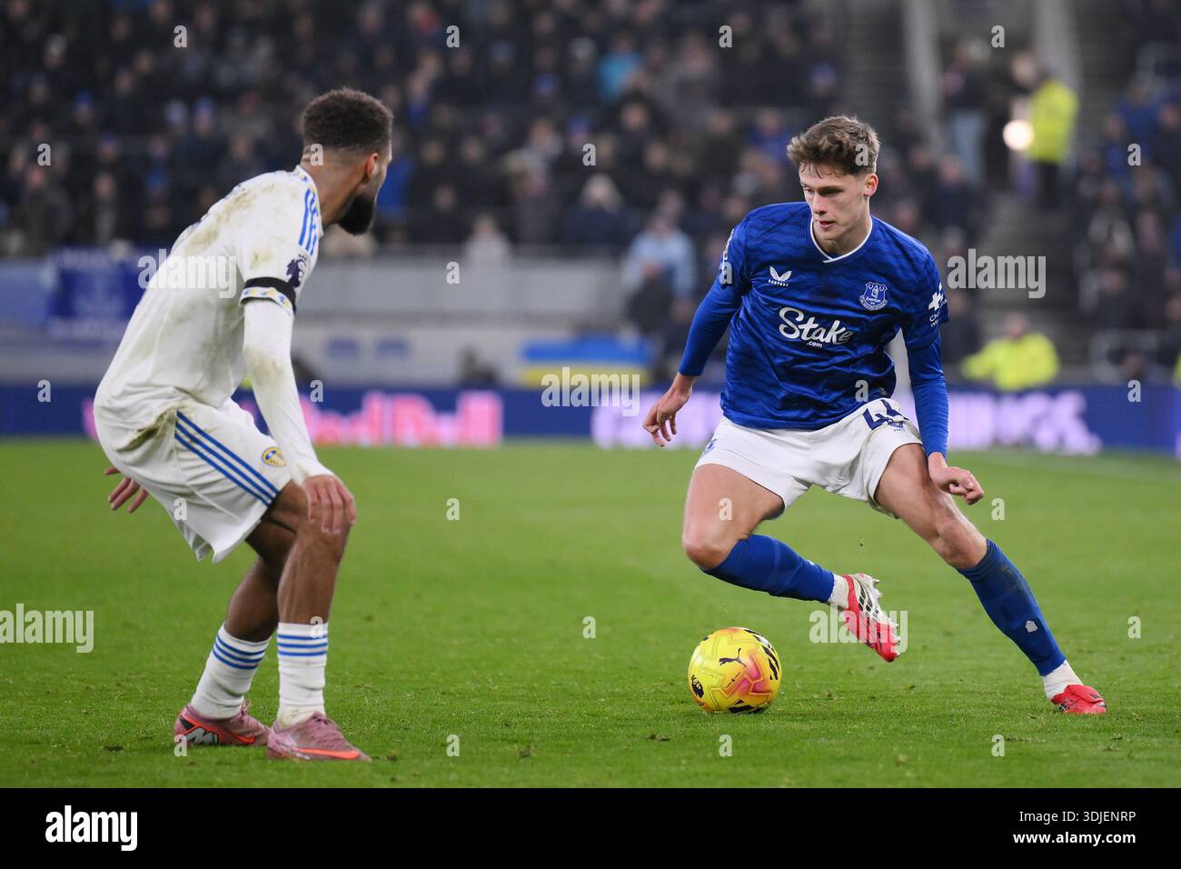 Everton’s Harrison Armstrong and Leeds United's Jayden Bogle in action ...