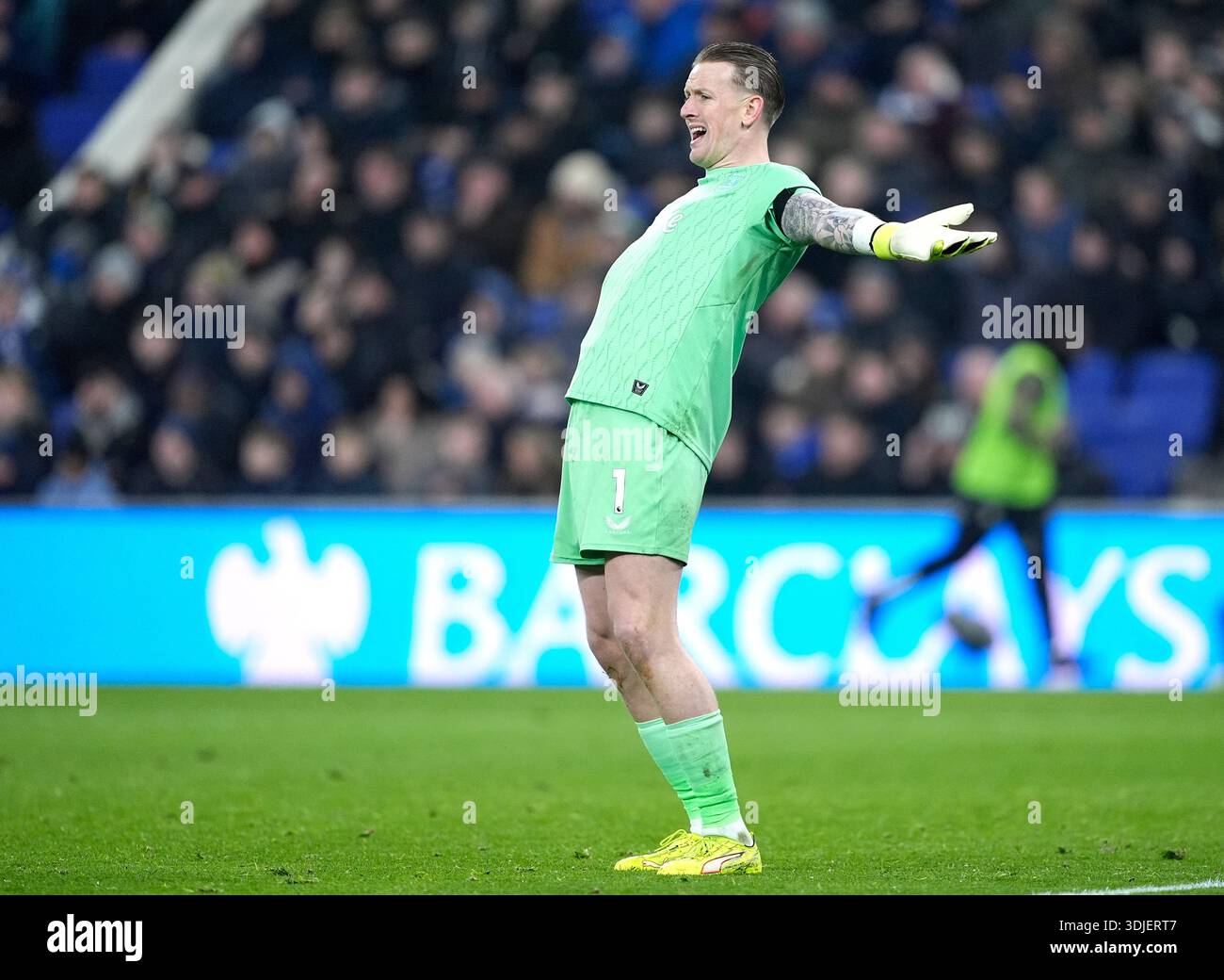 Everton goalkeeper Jordan Pickford reacts during the Premier League ...
