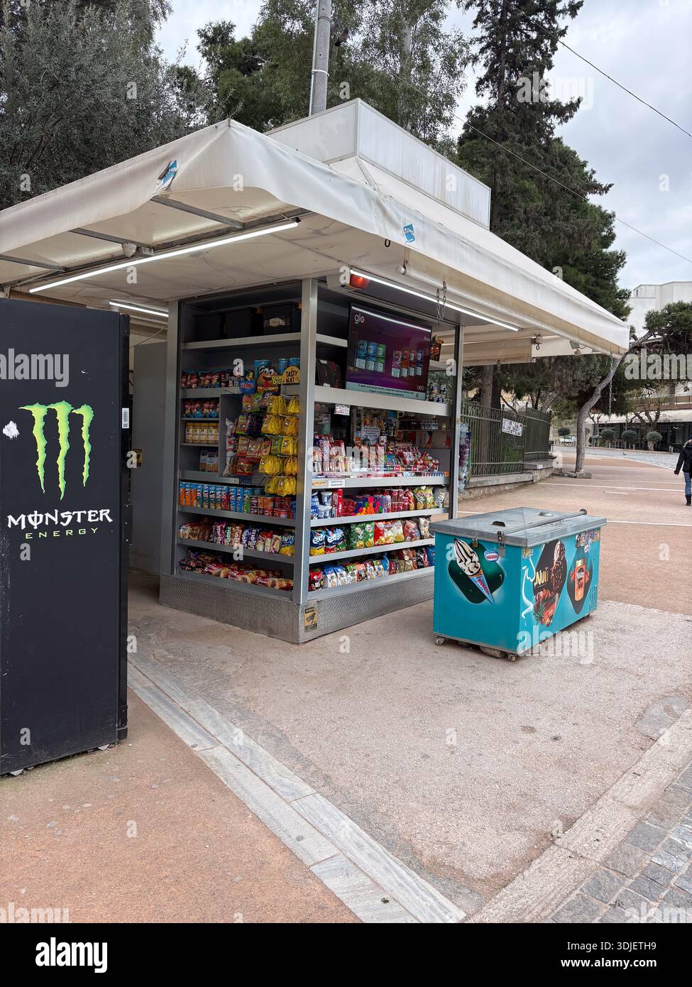Kiosk in Athens, Greece, selling snacks and drinks, with a Monster ...