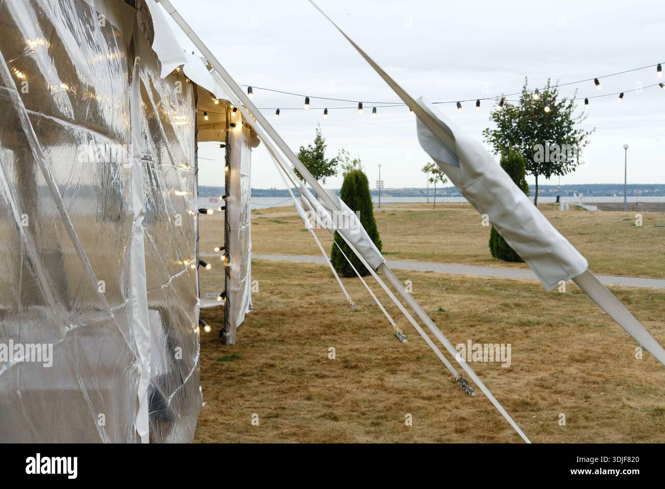 Tent features clear plastic walls and string lights on grass field with ...