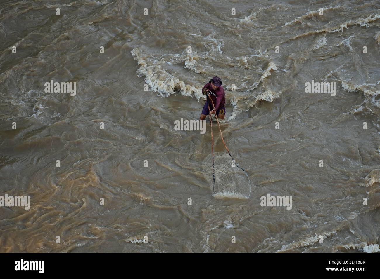 A man casts a net during an annual phenomenon of fish swimming upstream ...