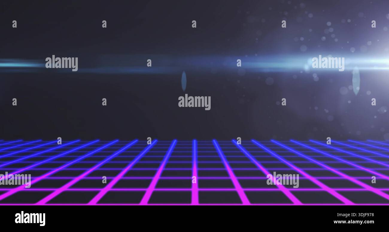 Receding neon tiled grid floor stretching into dark digital stage ...