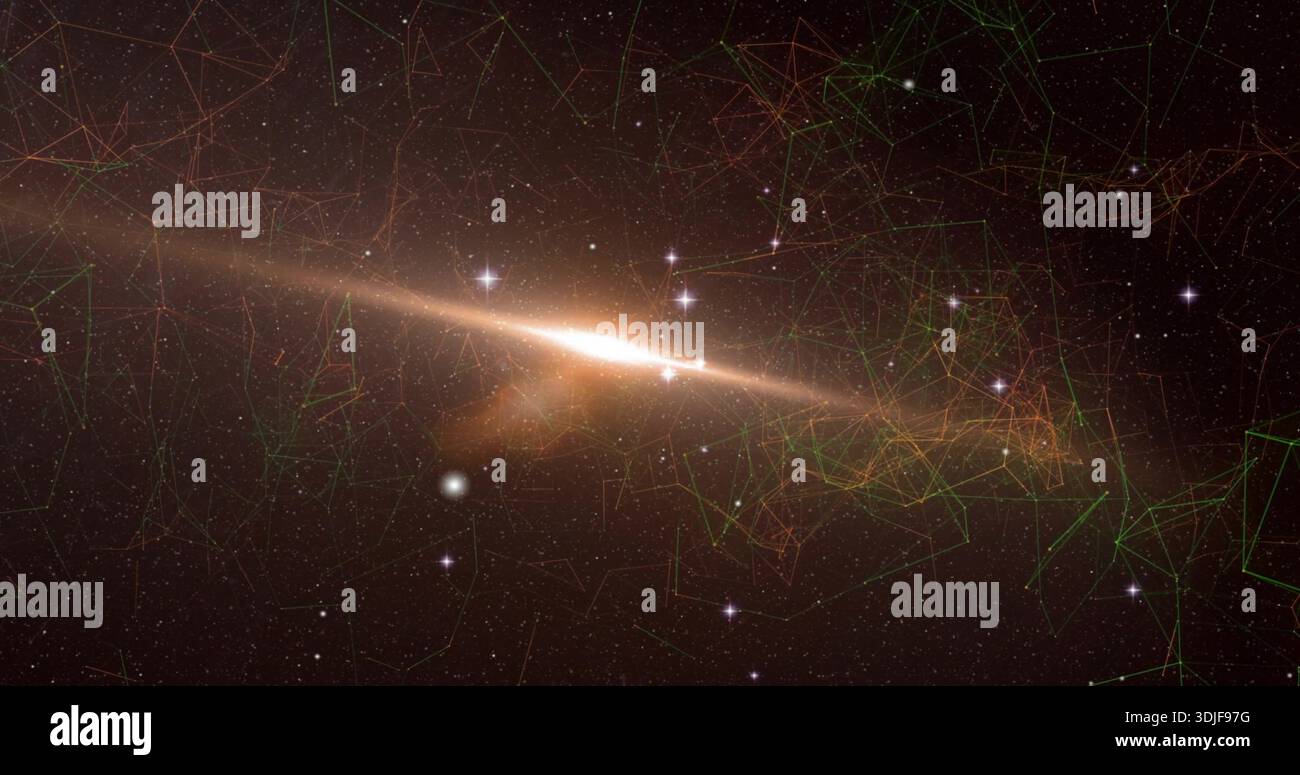 Displaying edge-on spiral galaxy across deep space, with dust lane and ...