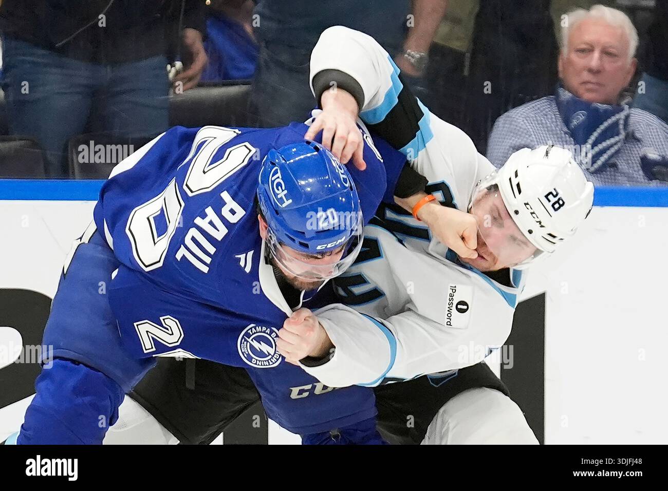 Tampa Bay Lightning left wing Nick Paul (20) punches Utah Mammoth ...